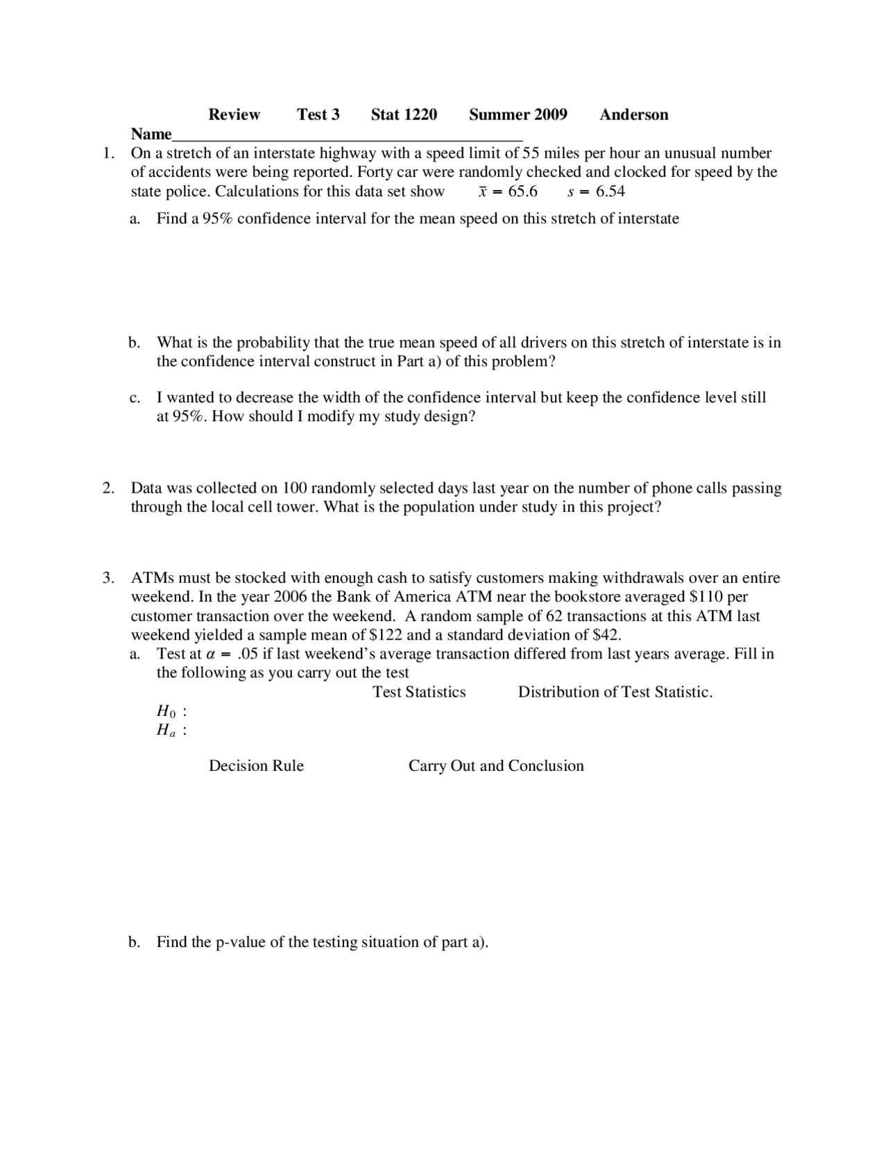 Test 3 Review Questions Elements Of Statistic I Stat 1220 Docsity