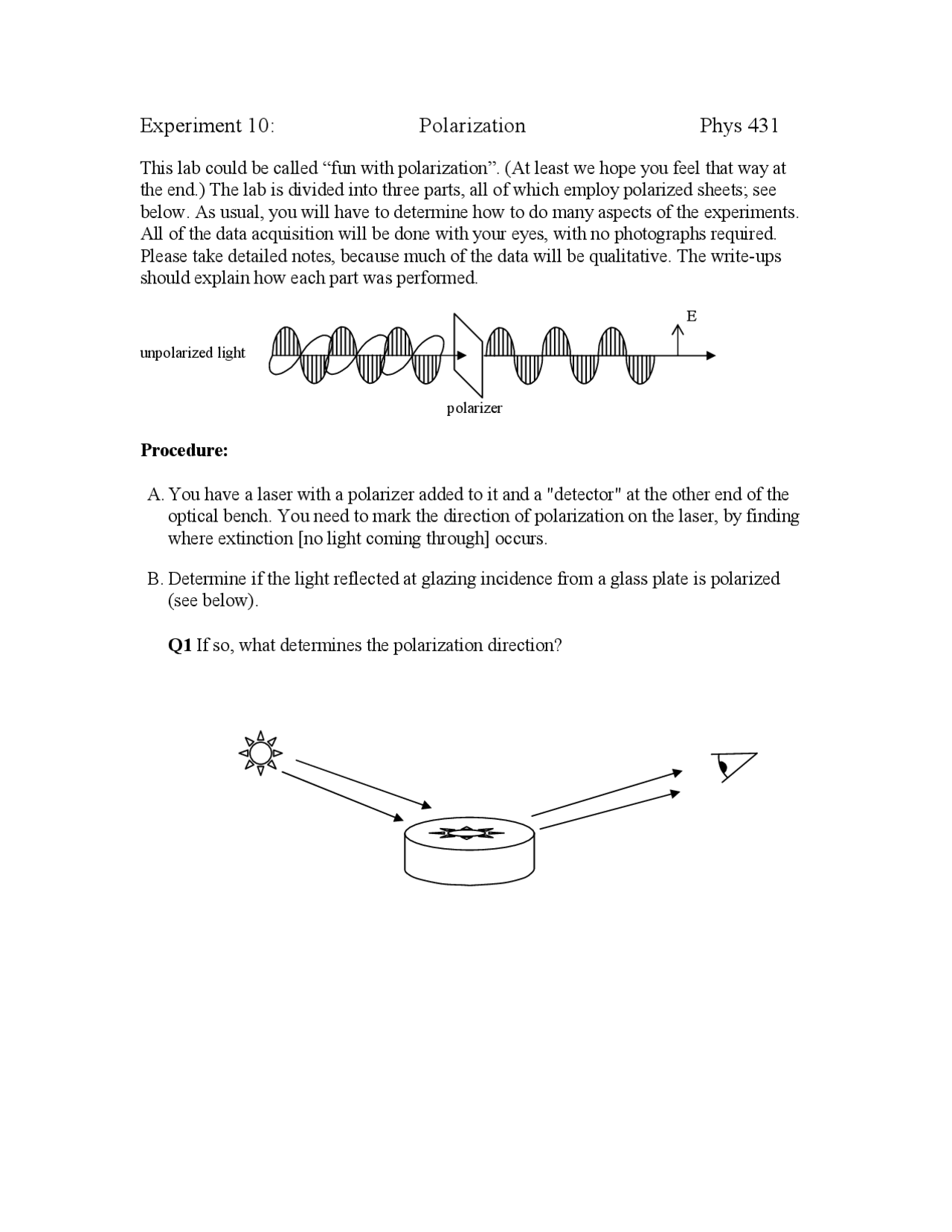Polarization Lab Experiment 10 Optics I Phy 431 Docsity