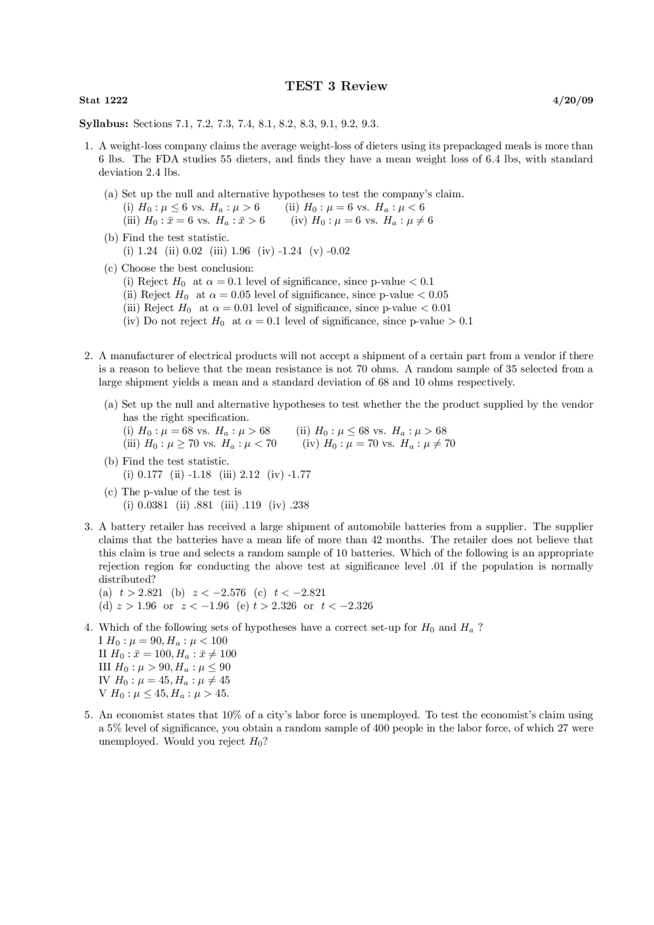 Statistical Hypothesis Testing Mean Comparison Exams Statistics Docsity