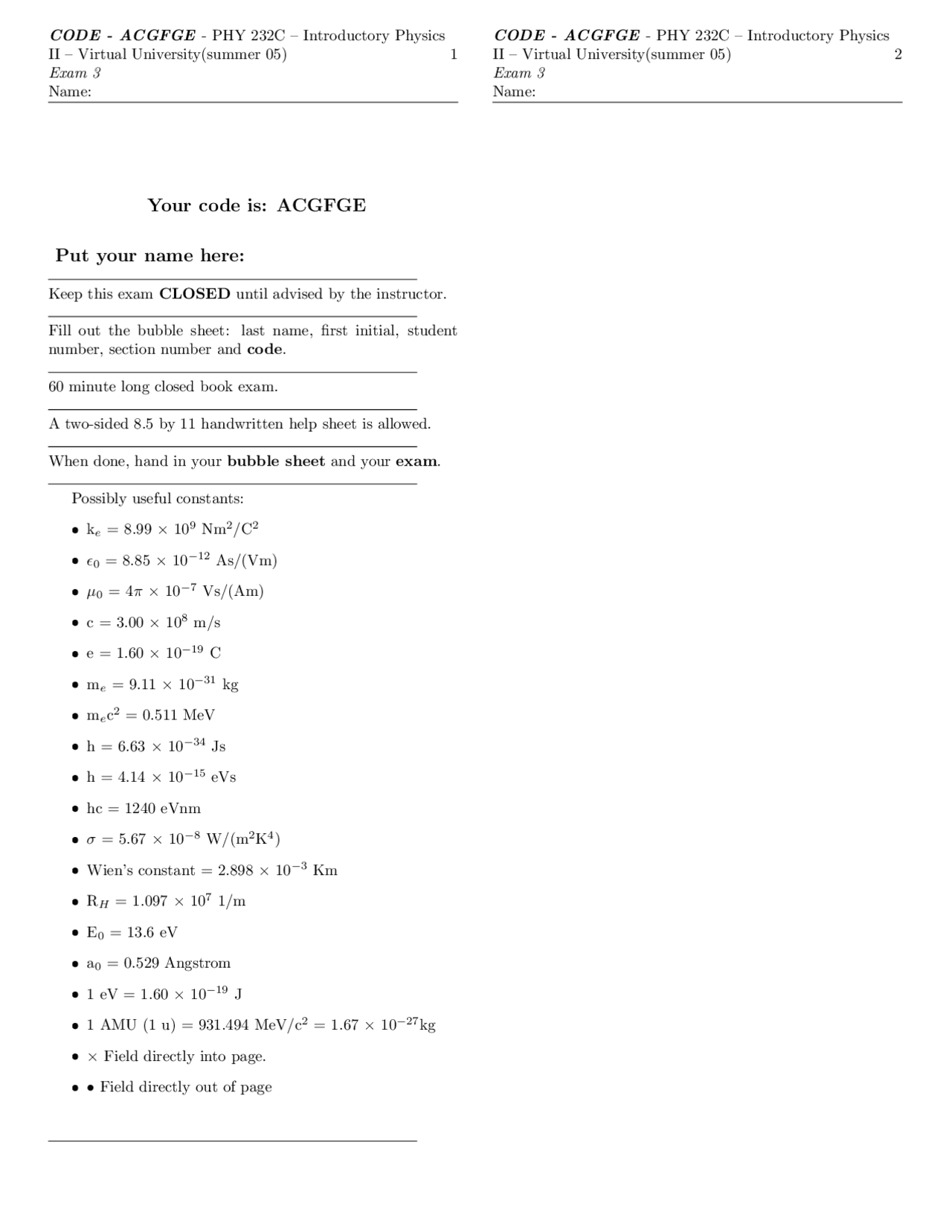 Practice Exam 3 Introductory Physics Ii Phy 232 Docsity