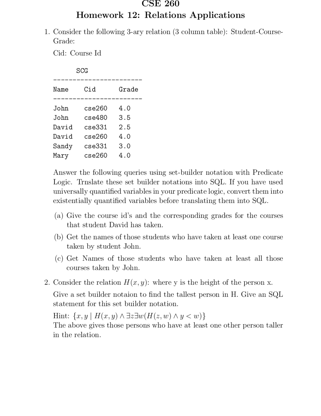Homework 12 Practice Problems On Relations Applications Cse 260 Docsity
