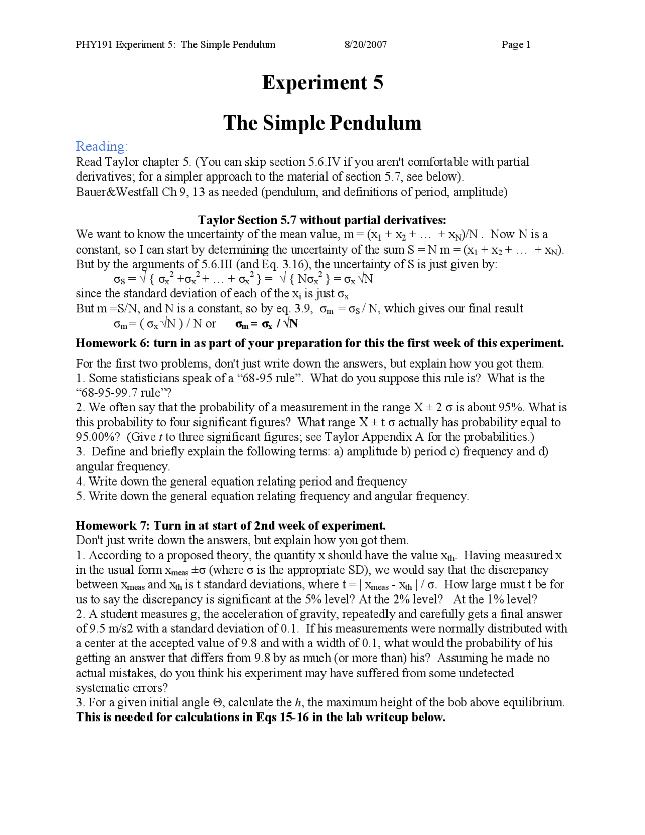 Experiment 5 For The Simple Pendulum Physics Lab For Scientists I