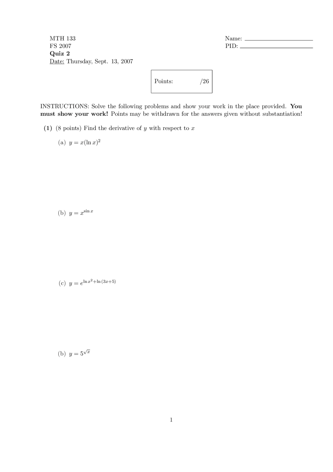Find Derivatives And Evaluate Integrals Quiz 2 Mth 133 Docsity