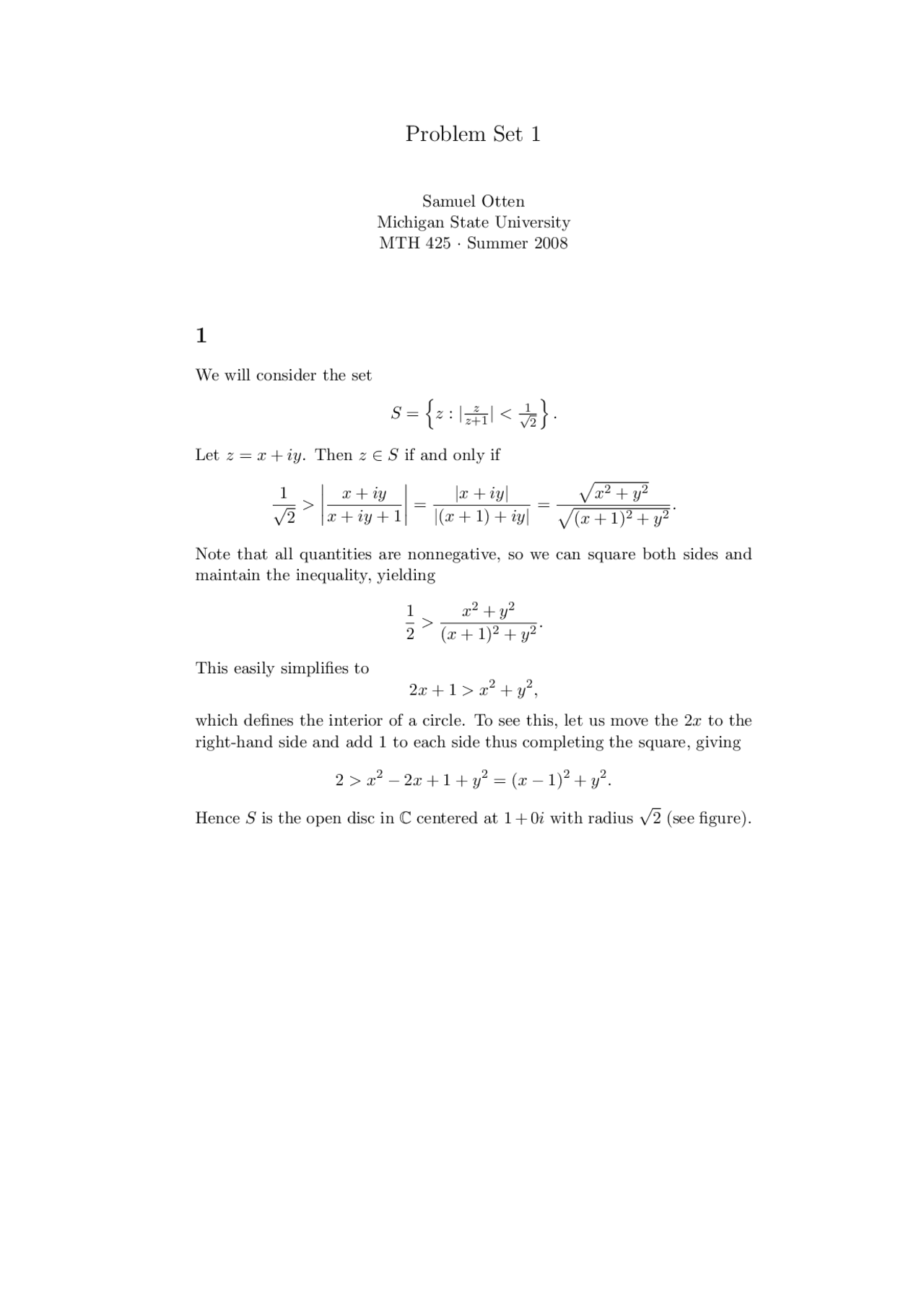 Complex Analysis Solved Problem Set 1 Mth 425 Docsity