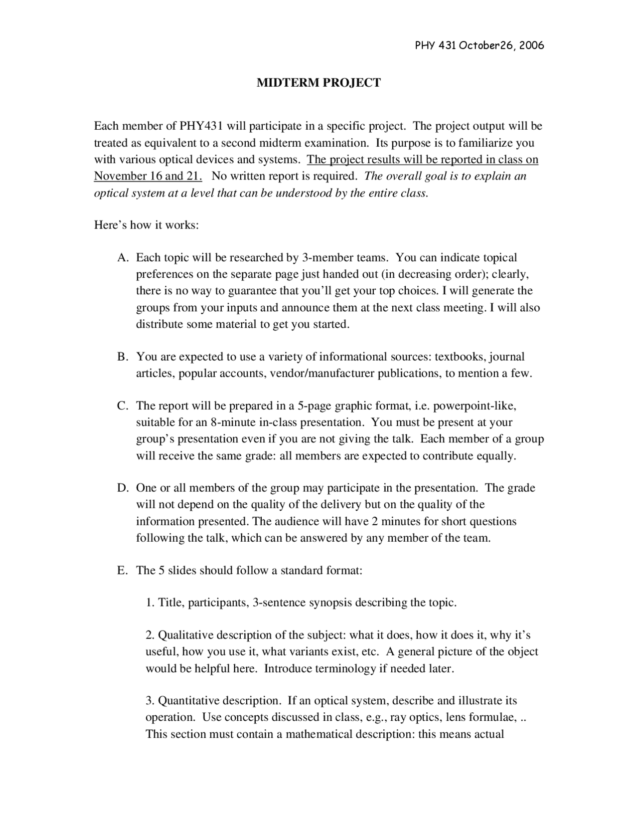 Midterm Project Report Optics I 2006 Phy 431 Docsity