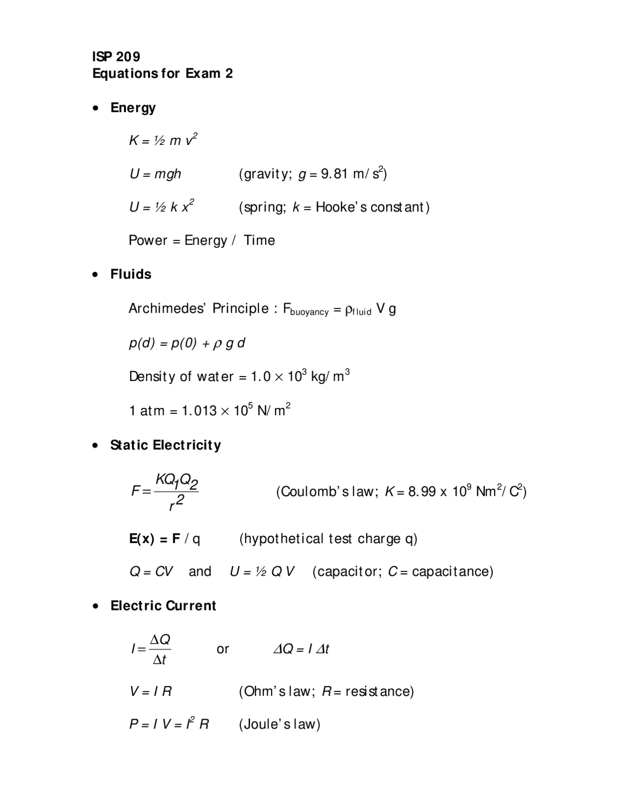 Energy, Fluids, Electric Current - Equations for Exam 2 | ISP 209 - Docsity