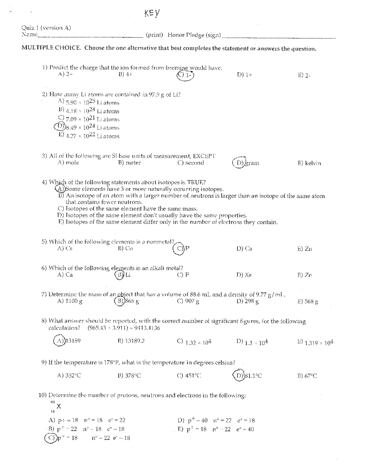 Quiz 1 With Solution For General Chemistry Ch 101 Docsity