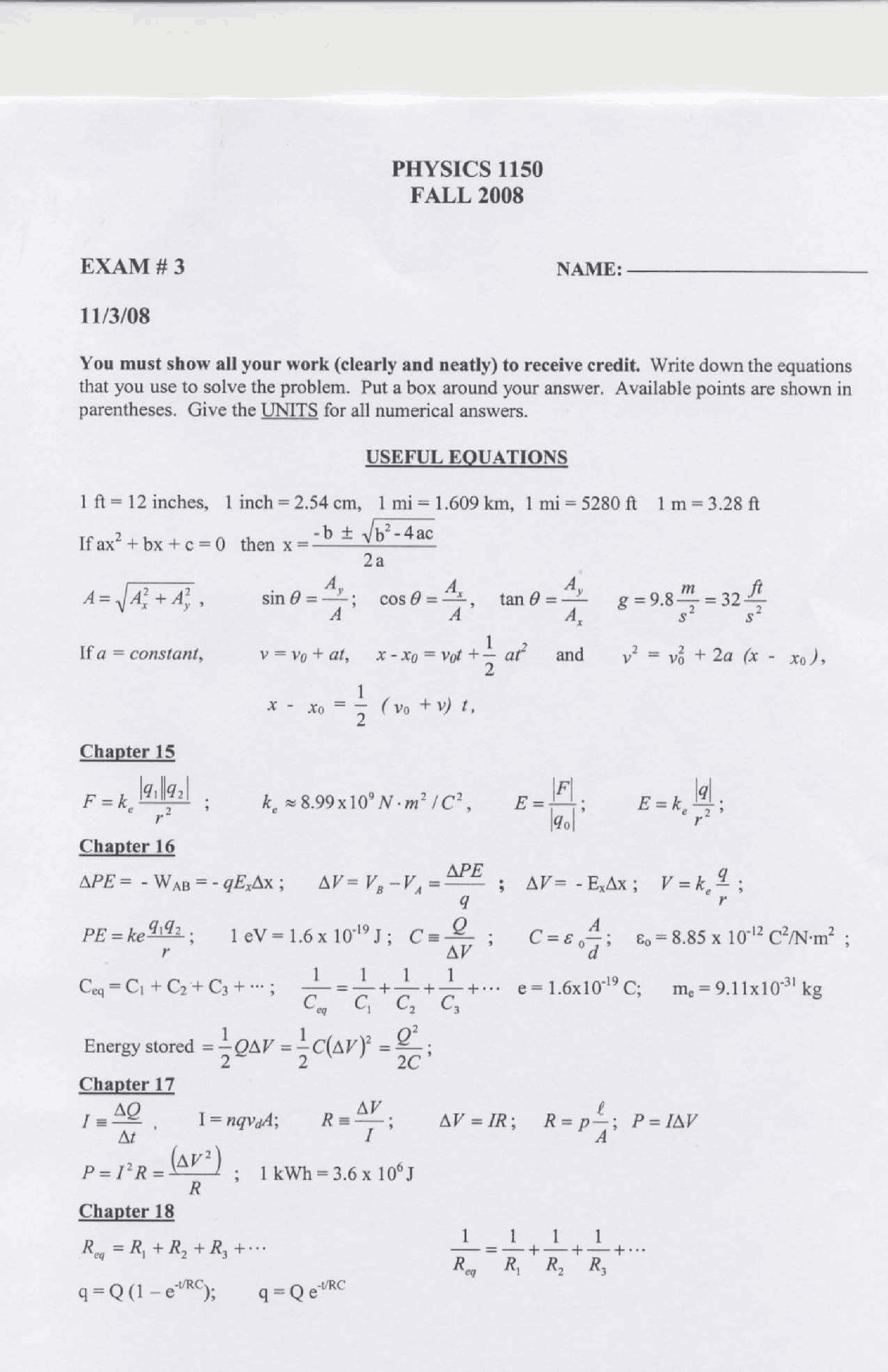 Exam 3 Solved General Physics Ii Fall 2008 Phys 1150 Docsity