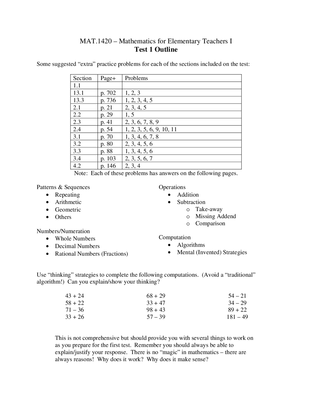 Mathematics For Elementary Teachers I Test 1 Outline Mat 1420 Docsity