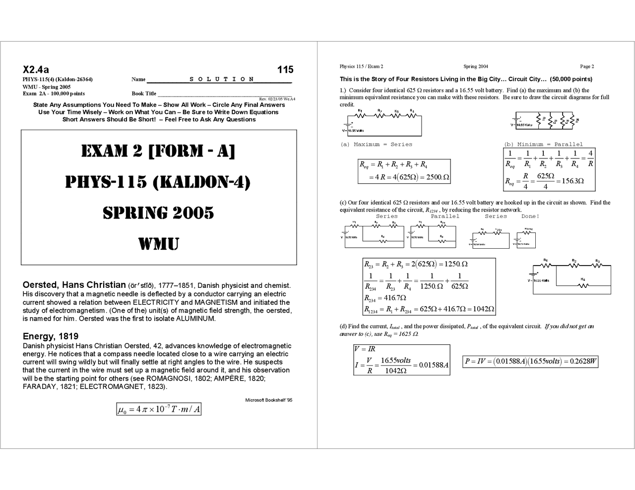 General Physics Ii Exam 4a With Solution Phys 1150 Docsity