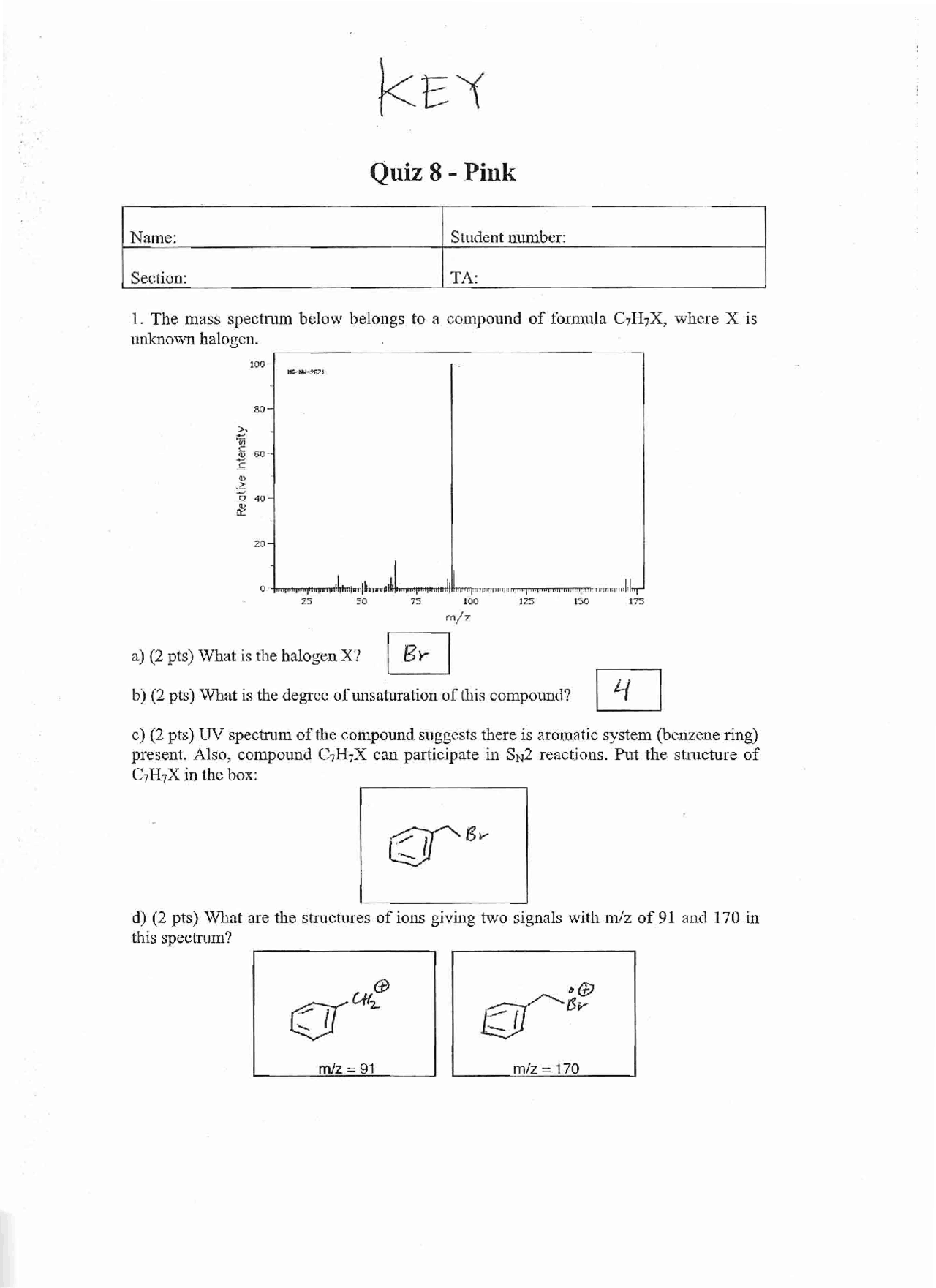 Quiz 8 Answer Key Organic Chemistry I Cem 251 Docsity