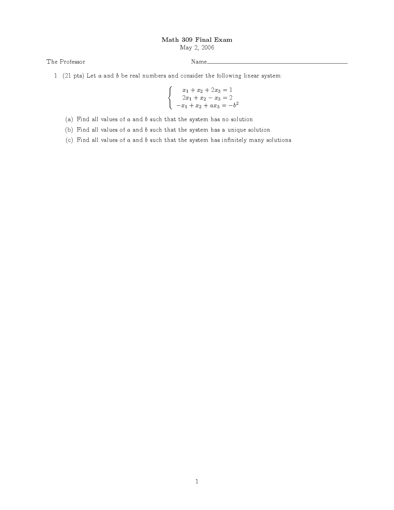 Practice Final Exam Linear Algebra Fall 2006 Mth 309 Docsity