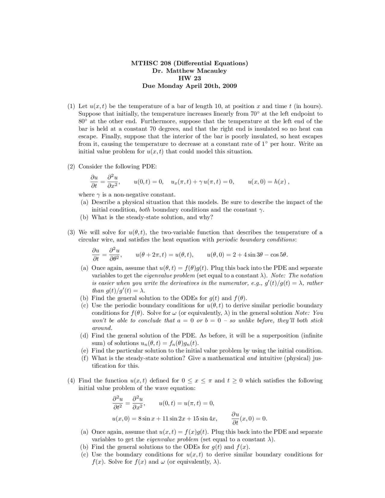 Homework Questions Introduction To Ordinary Differential Equations Mthsc 208 Docsity