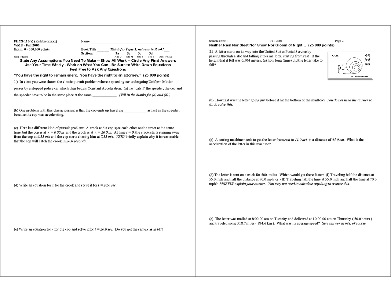 Sample Questions For Exam 1 On General Physics I Fall 2006 Phys