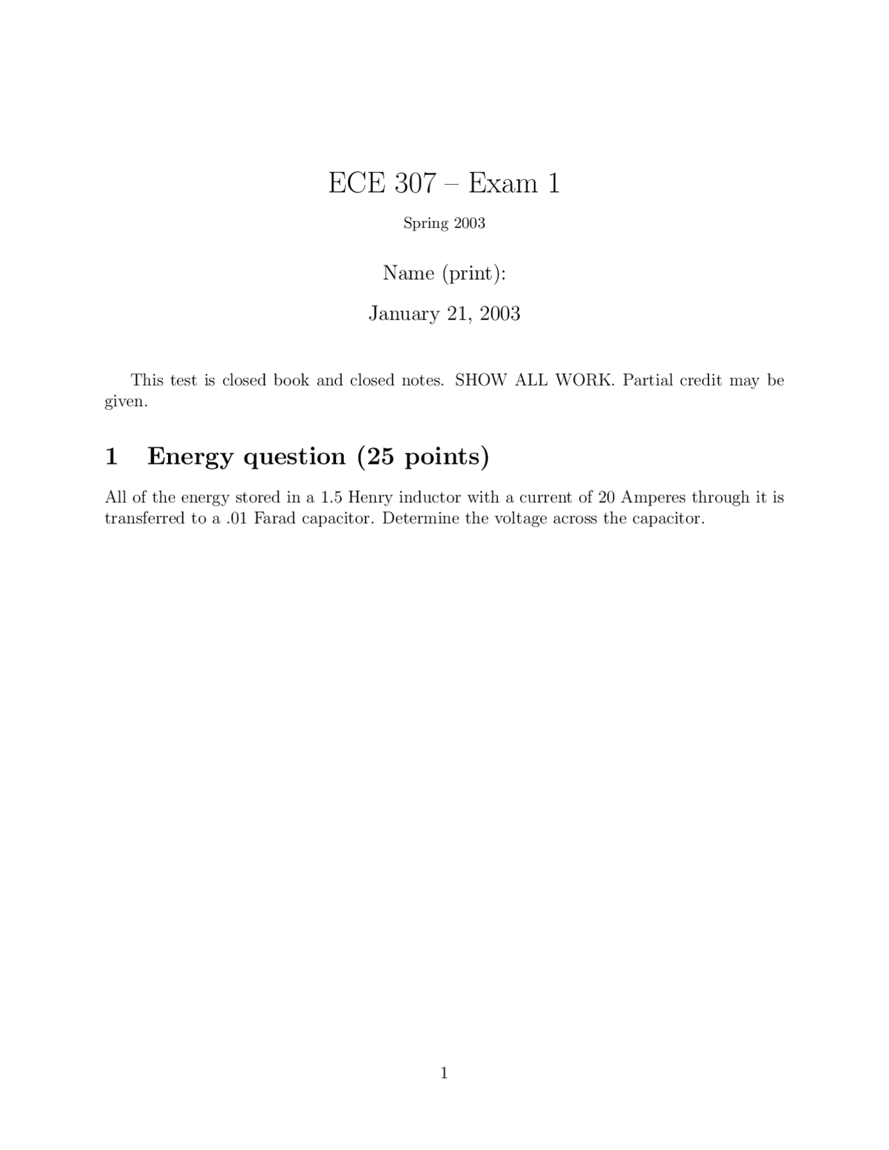 Exam 1 Spring 2003 Basic Electrical Engineering E C E 307 Docsity