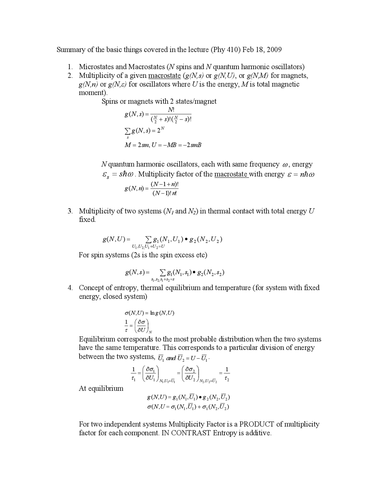 Thermal And Statistical Physics Notes Phy 410 Docsity
