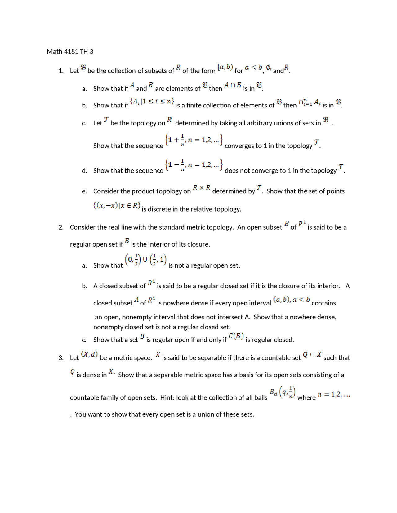 5 Questions On Introduction To Topology Math 4181 Docsity