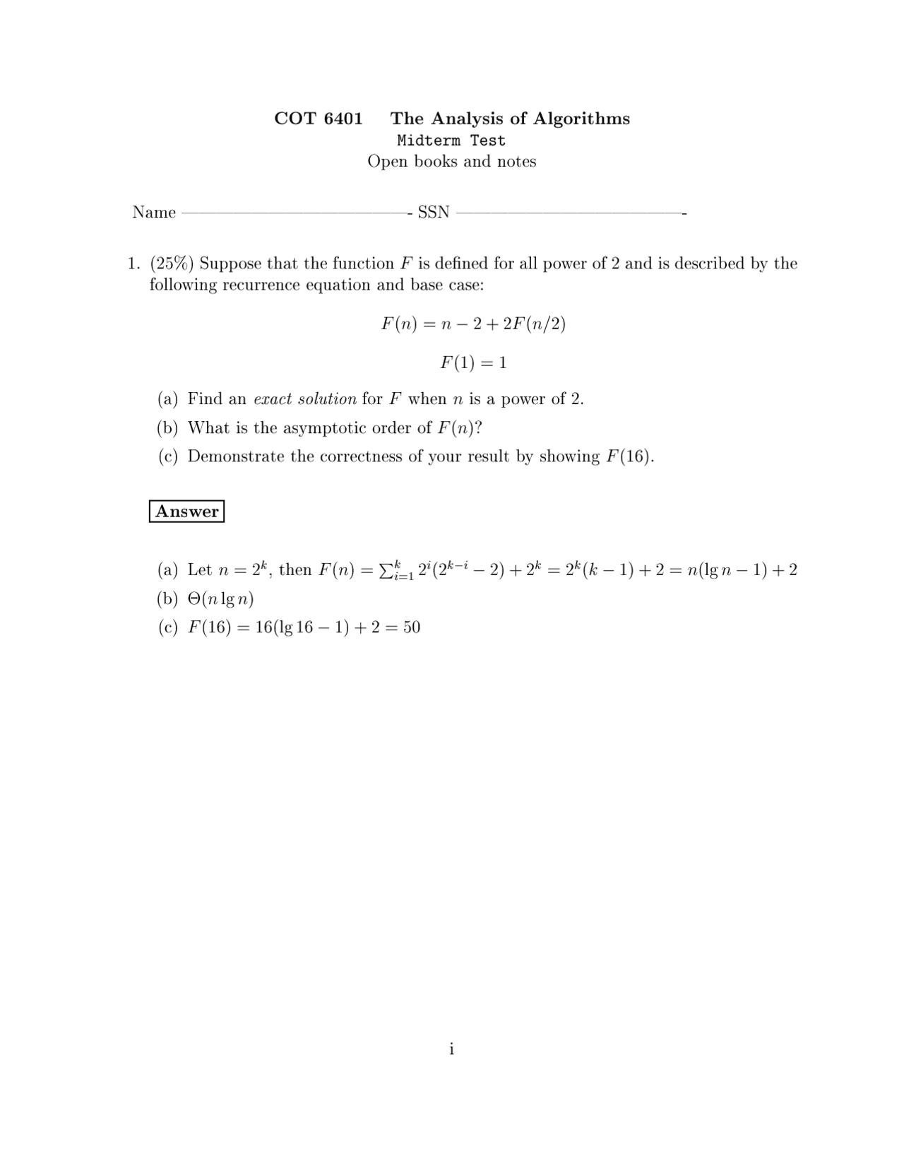Midterm Solved Analysis Of Algorithms Cot 6405 Docsity