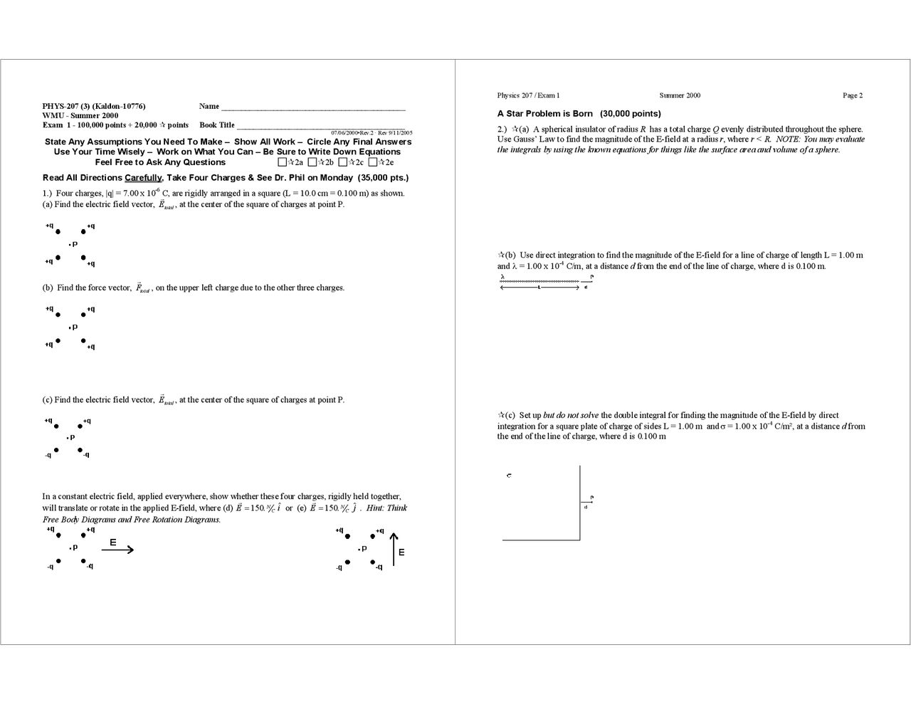 Practice Exam 1 University Physics Ii Phys 2070 Exams Physics