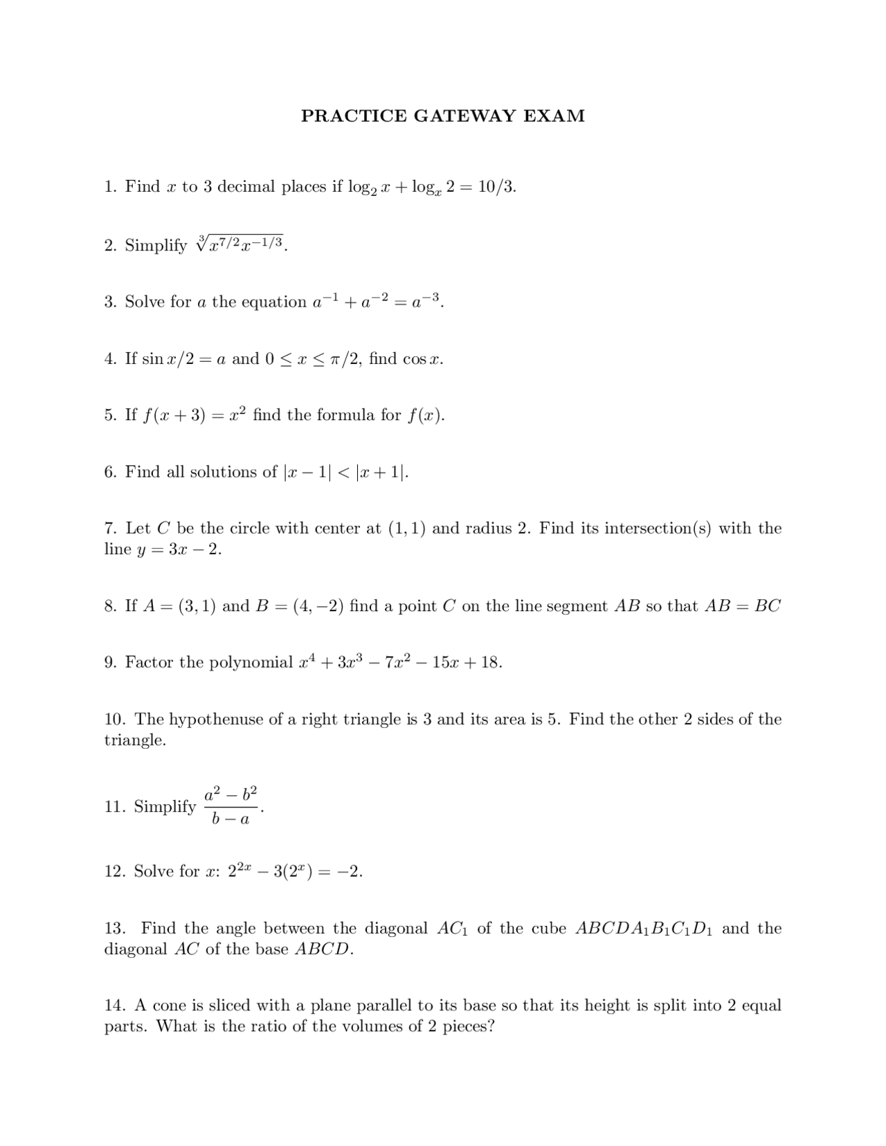 Practice Gateway Exam For Calculus I Math 1220 Docsity