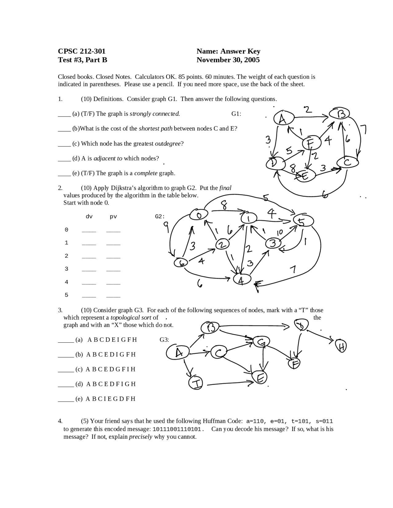 Exam With Answer Key Algorithms And Data Structures Cp Sc 212 Docsity
