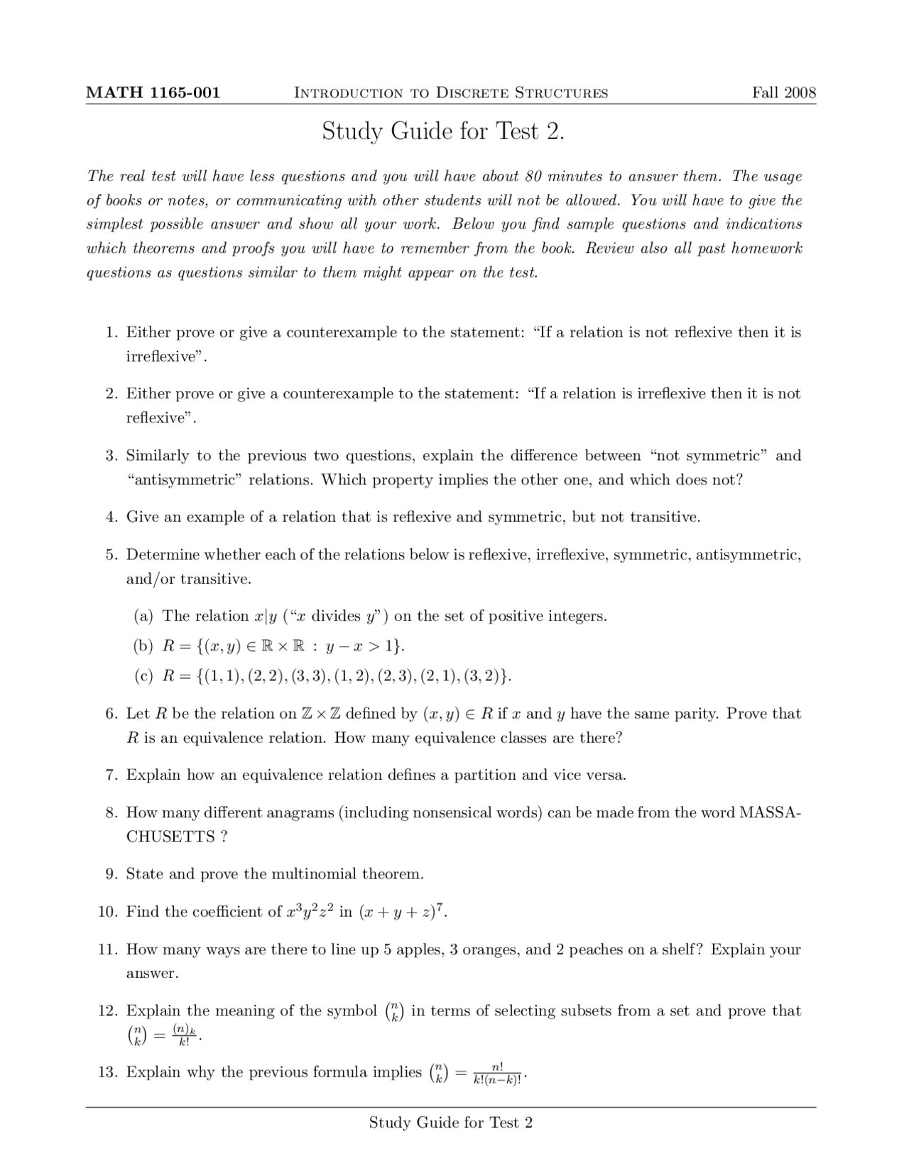 Exam 2 Study Guide - Intro to Discrete Structures - Fall 2008 | MATH 1165 - Docsity