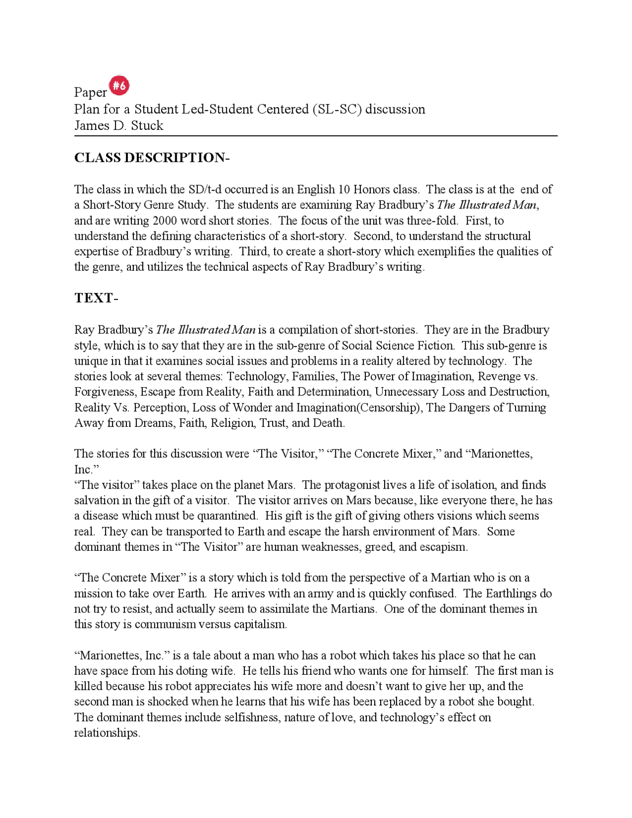 Plan for a Student Led-Student Centered Discussion - Paper | TE 891 ...