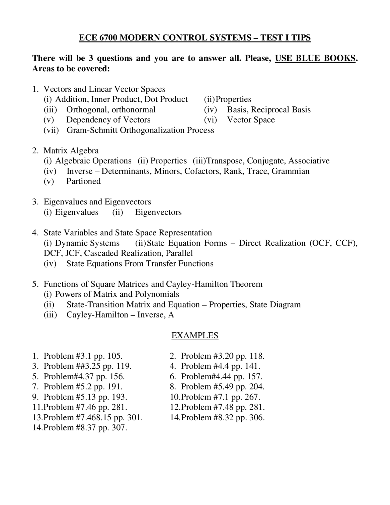 Modern Control Systems Practice Problems Ece 6700 Docsity