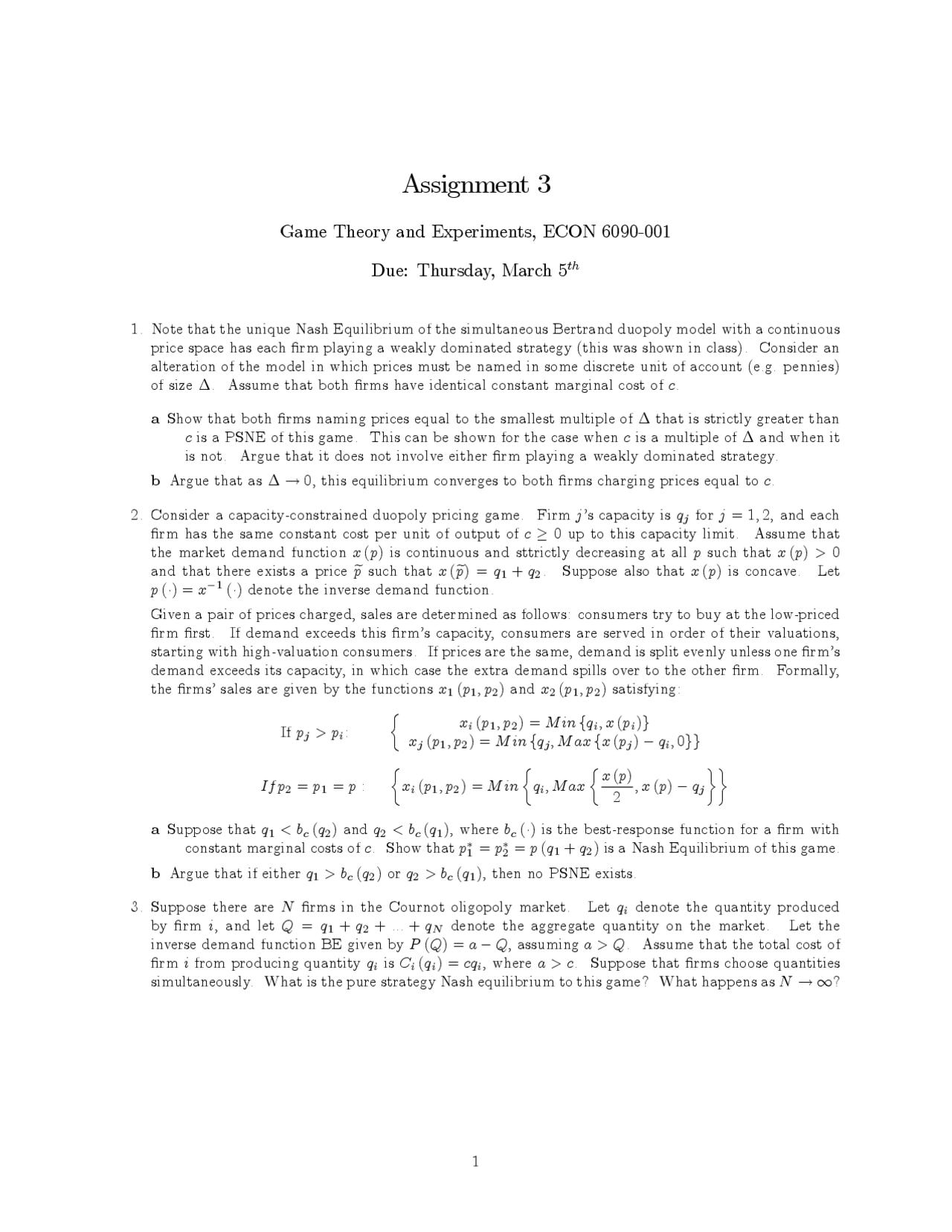 Topics In Economics Assignment 3 Econ 6090 Docsity