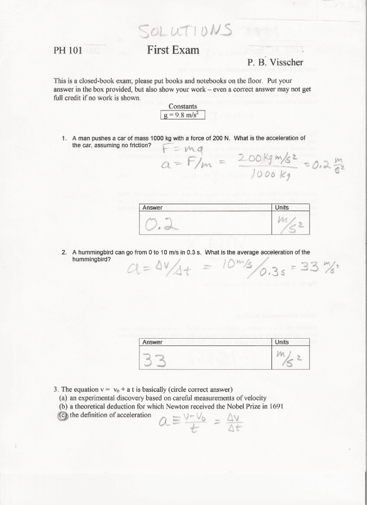 Exam 1 Solutions General Physics I Ph 101 Docsity