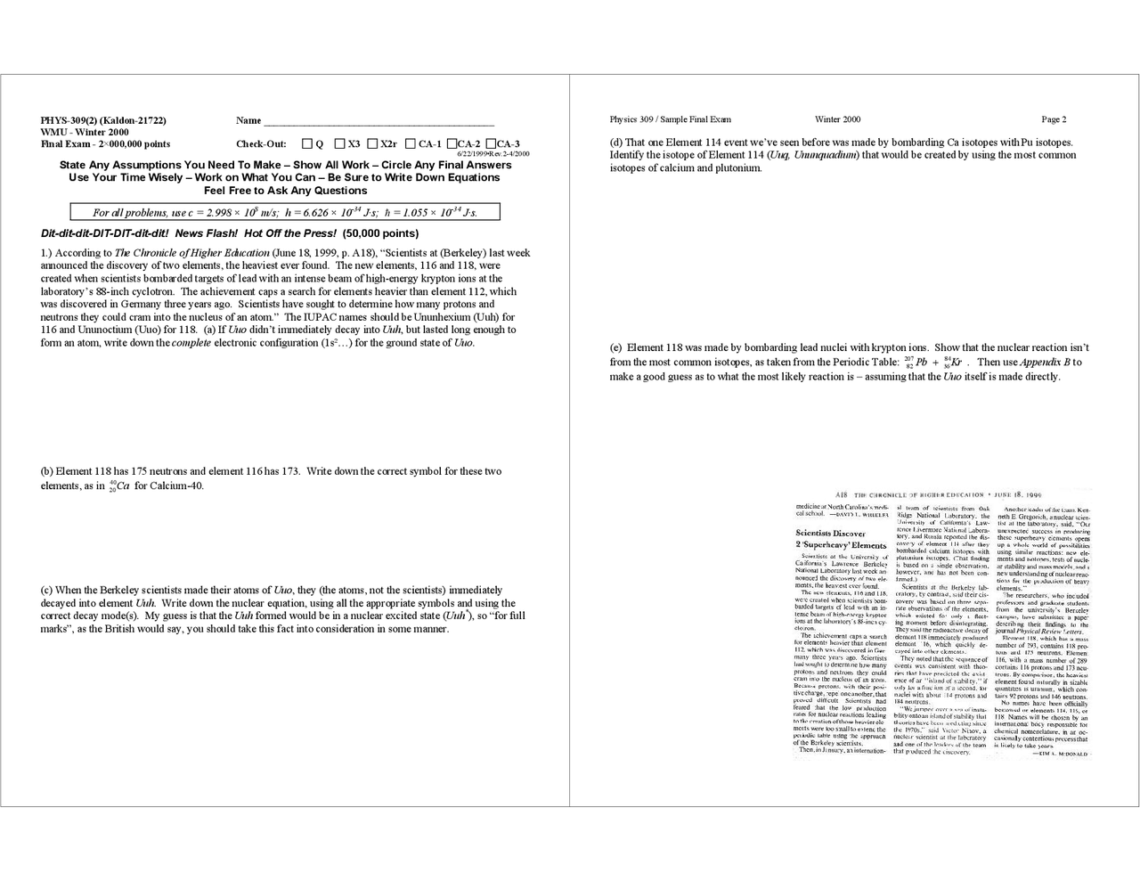 Introduction To Modern Physics Final Exam Phys 3090 Docsity