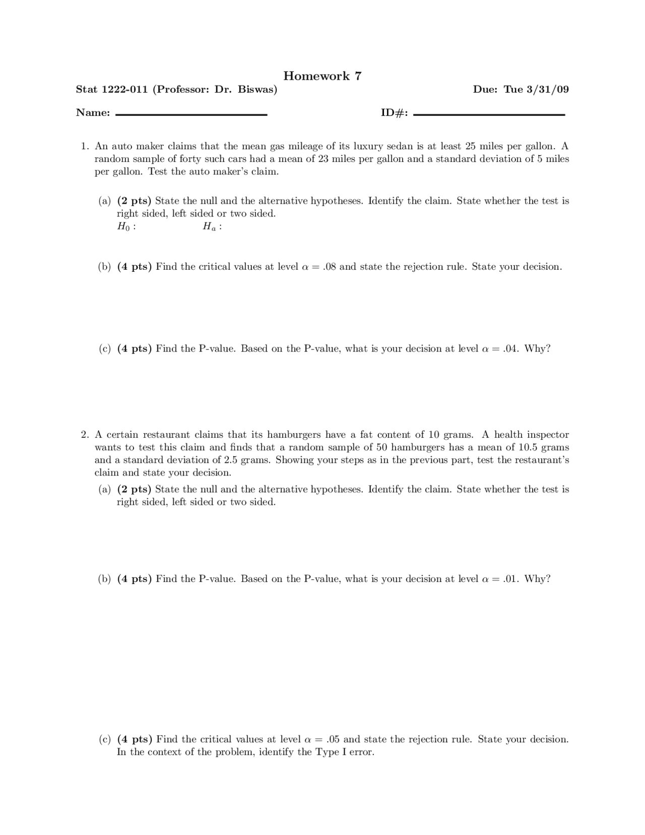Homework 7 Questions Introduction To Statistics Stat 1222 Docsity