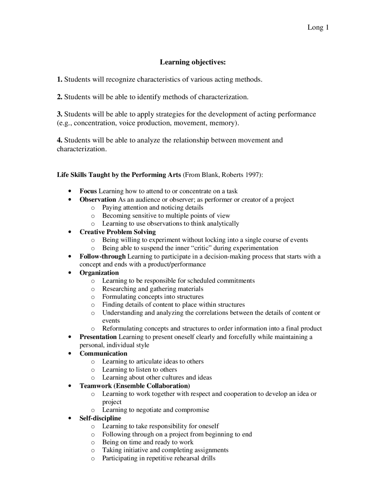 Learning Objectives, Acting Methods, Characterization | COM 2010 - Docsity