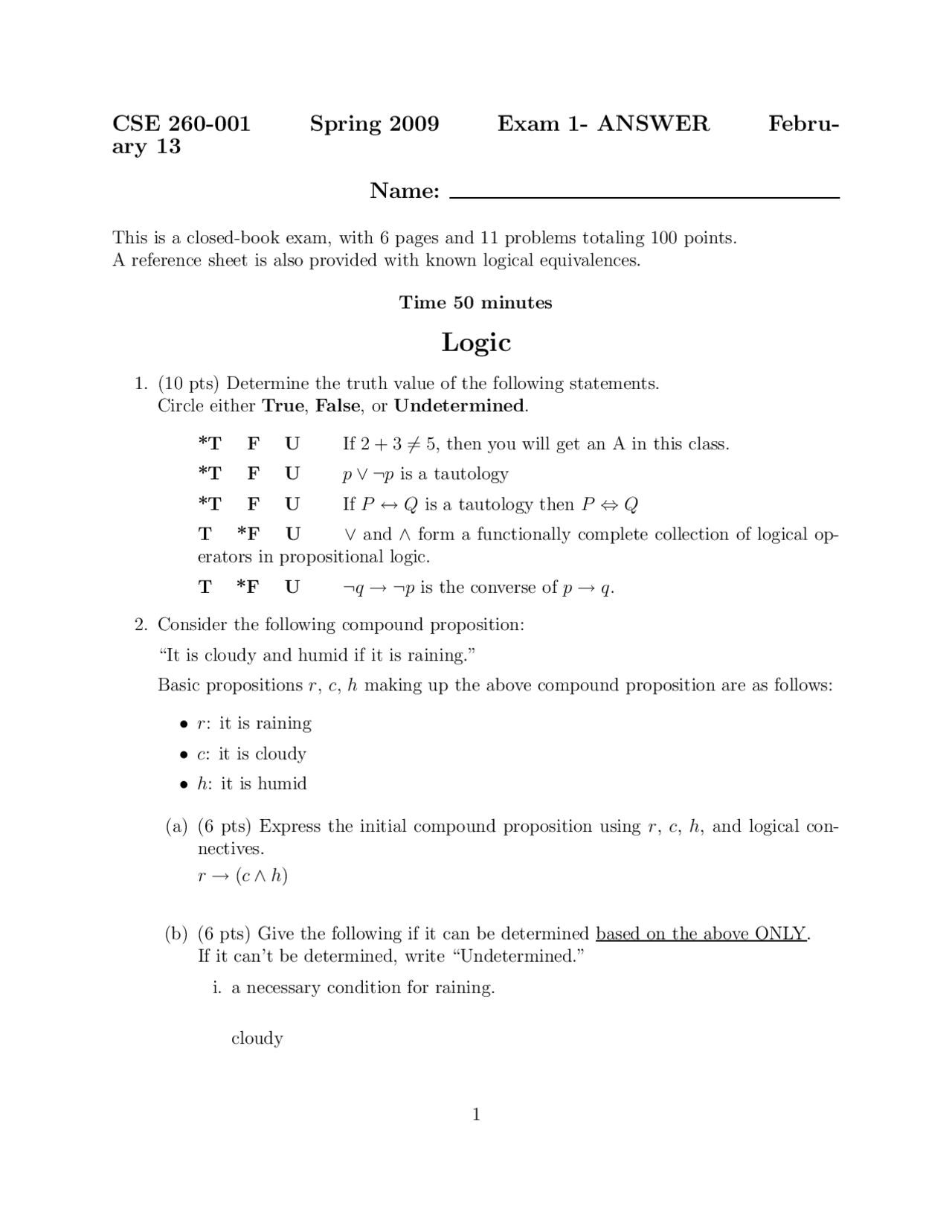 Exam Chapter Wise Questions Discrete Structures Computer Science Cse 260 Docsity