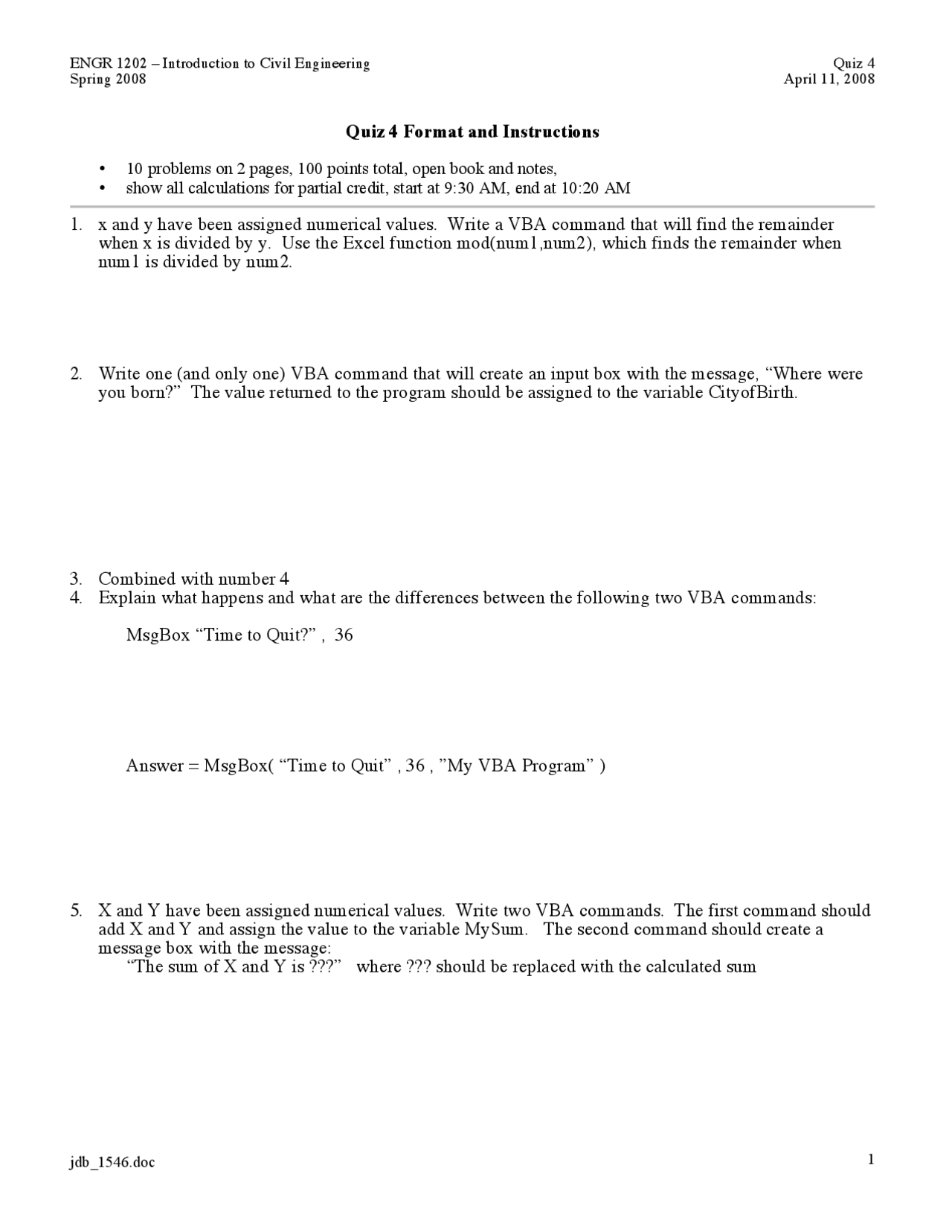 10 Questions For Quiz 4 Introduction To Civil Engineering Engr 1202
