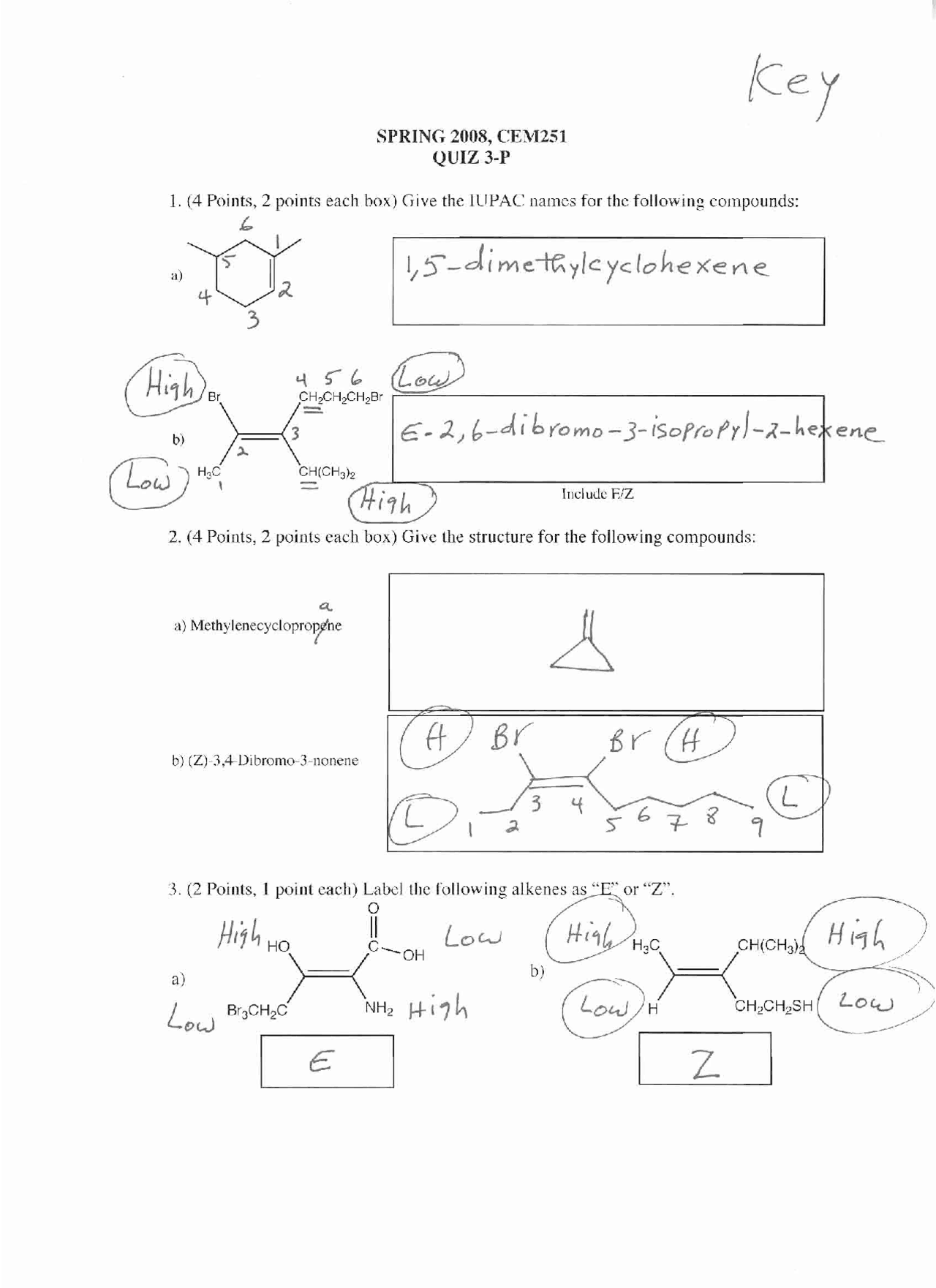 Organic Chemistry I Spring 2008 Solved Quiz Cem 251 Docsity