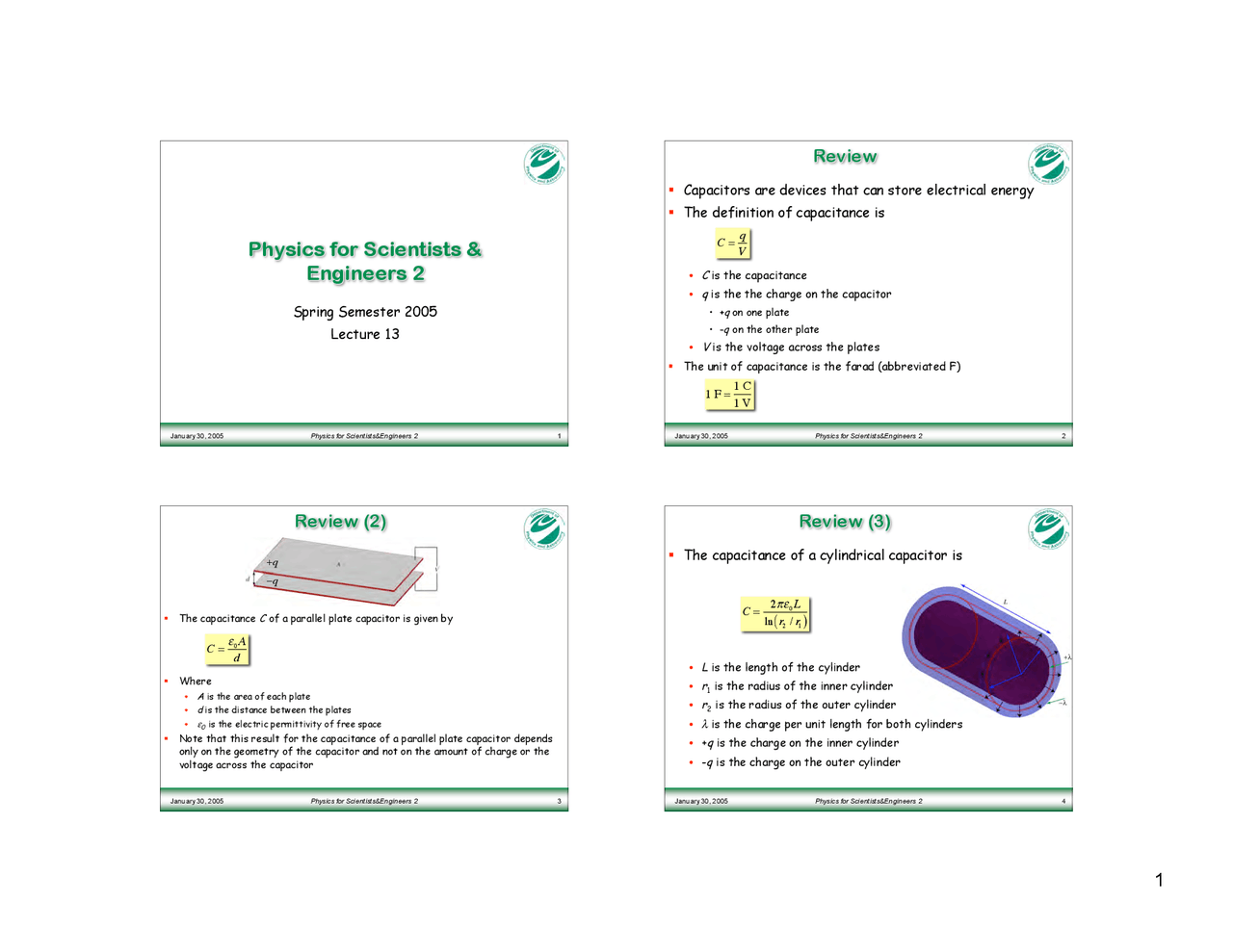 Parallel Plate Capacitor Lecture Slides Phy 184 Docsity