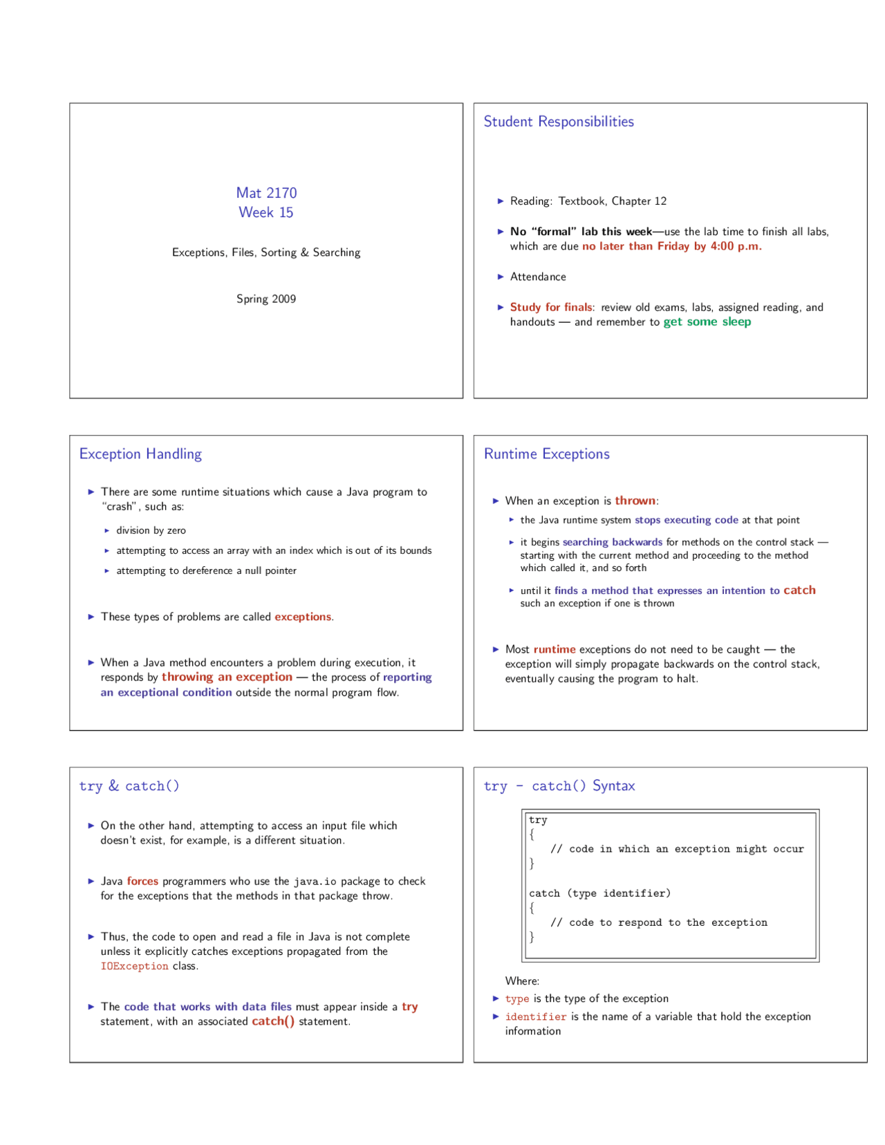 Exceptions, Files, Sorting and Searching - Assignment 15 | MAT 2170 - Docsity