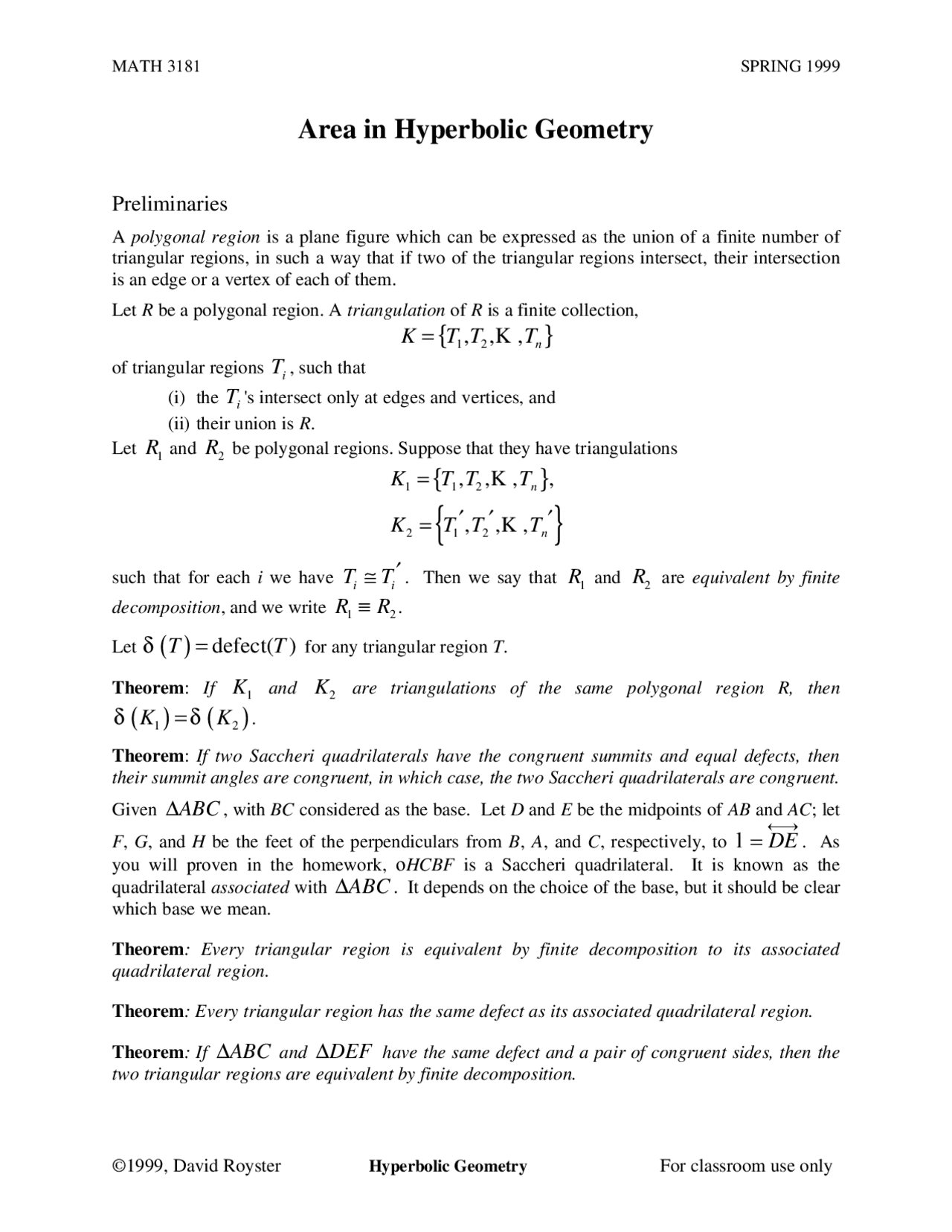 Area in Hyperbolic Geometry - Theorems with Proof | MATH 3181 - Docsity