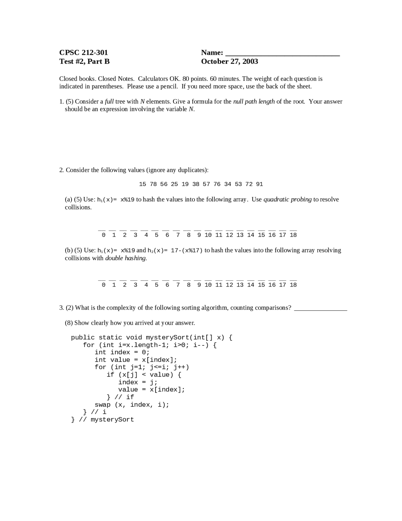 Past Test 2b With Solutions Data Structure And Algorithms Cp Sc 212