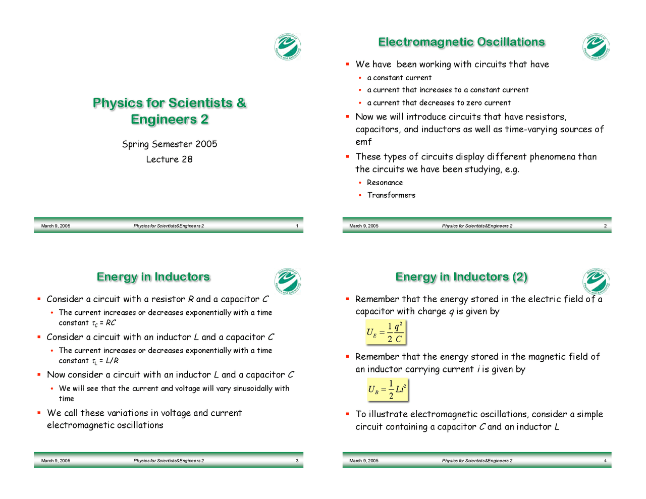 Electromagnetic Oscillations Lecture Slides Phy 184 Docsity