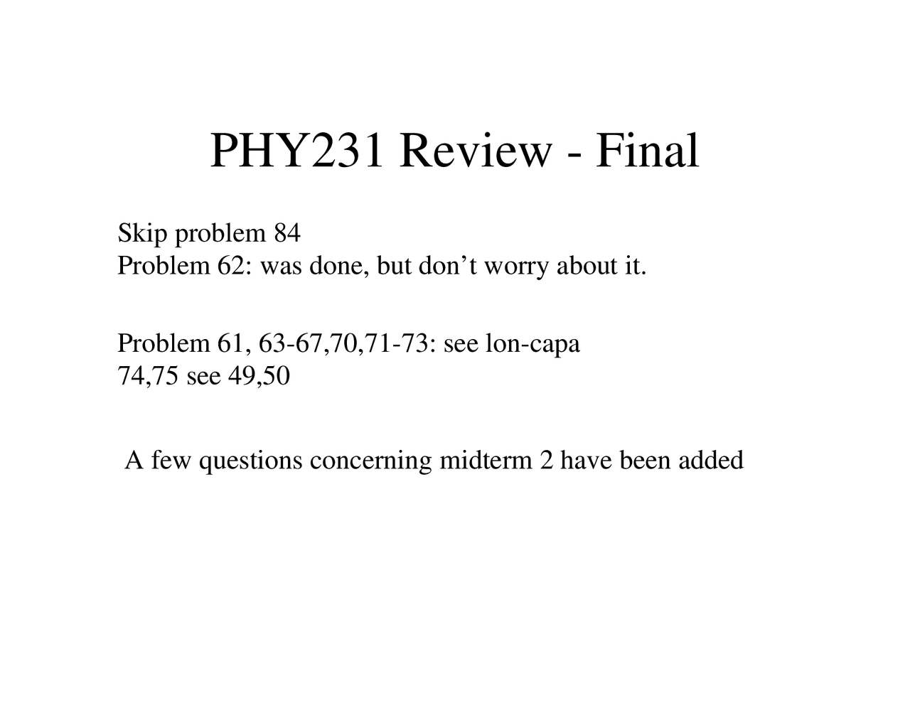 Introductory Physics I Final Exam Review Sheet Phy 231 Docsity