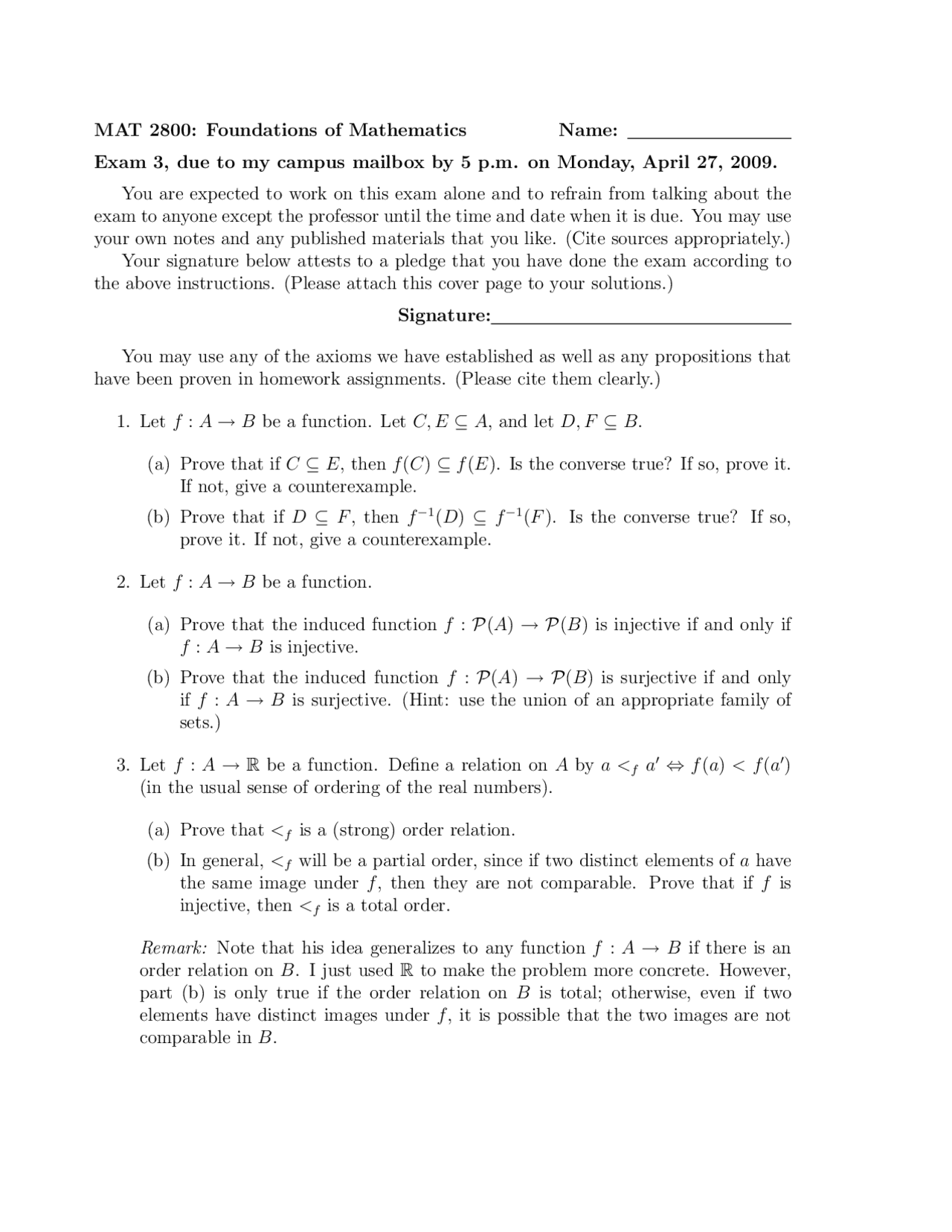 Exam 3 Unsolved Foundations Of Mathematics Mat 2800 Docsity