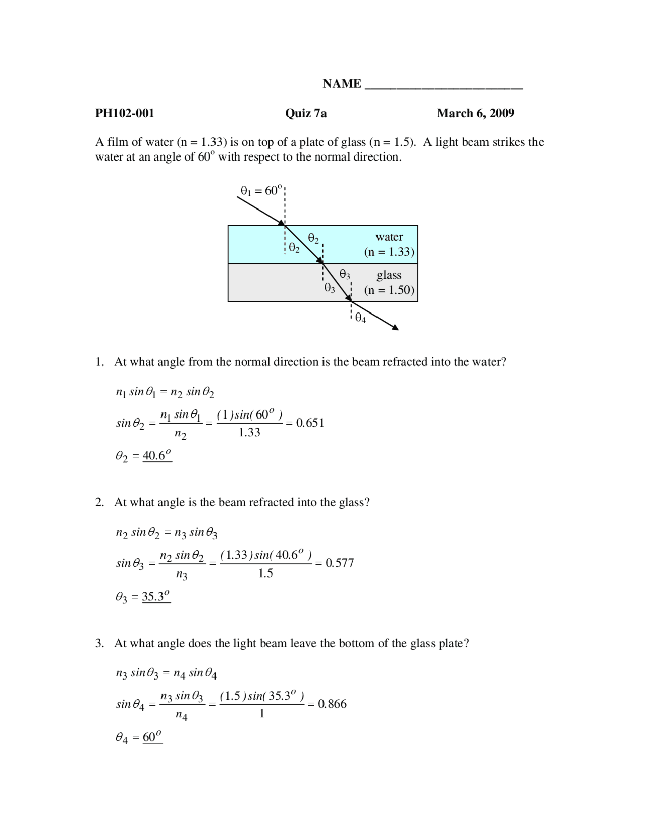 Quiz 7a: Refraction of Light through Water and Glass - Prof. James ...