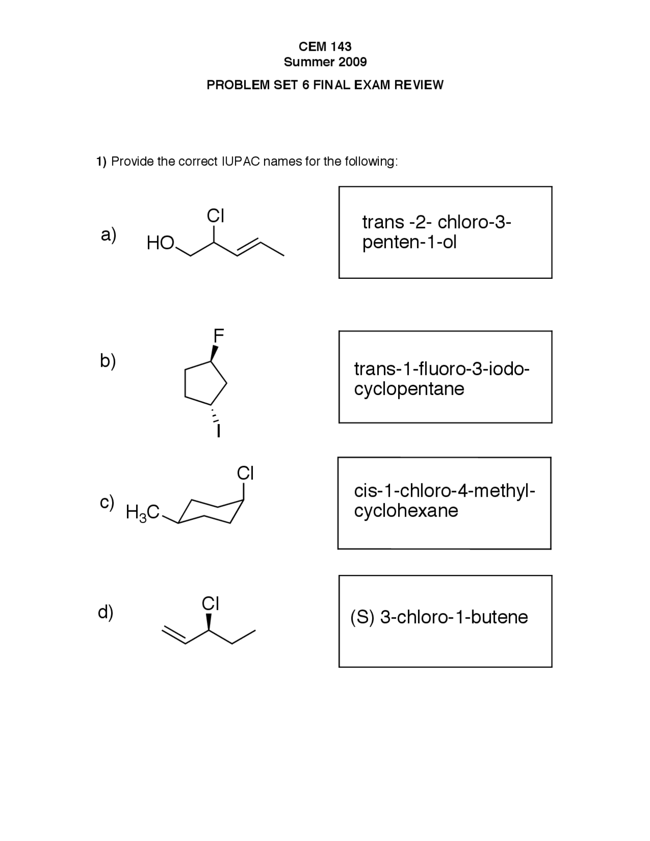 Final Exam Review Survey Of Organic Chemistry Cem 143 Docsity