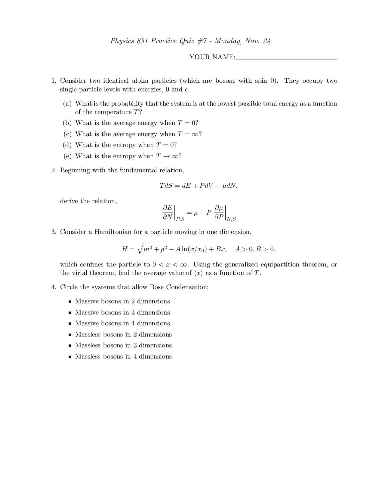 4 Questions in Quiz 7 for Statistical Mechanics | PHY 831 - Docsity