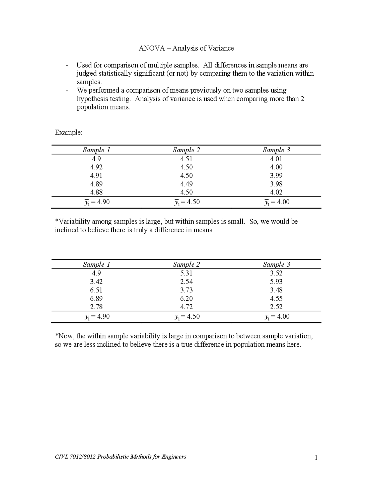 Anova Analysis Of Variance Lecture Notes Civl 7012 Docsity