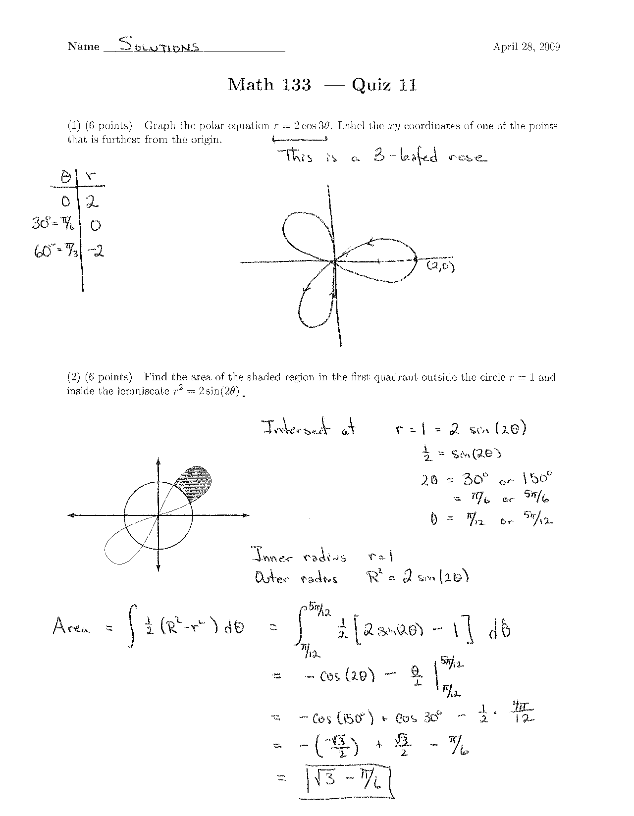 Quiz 11 Solutions Calculus Ii Mth 133 Docsity