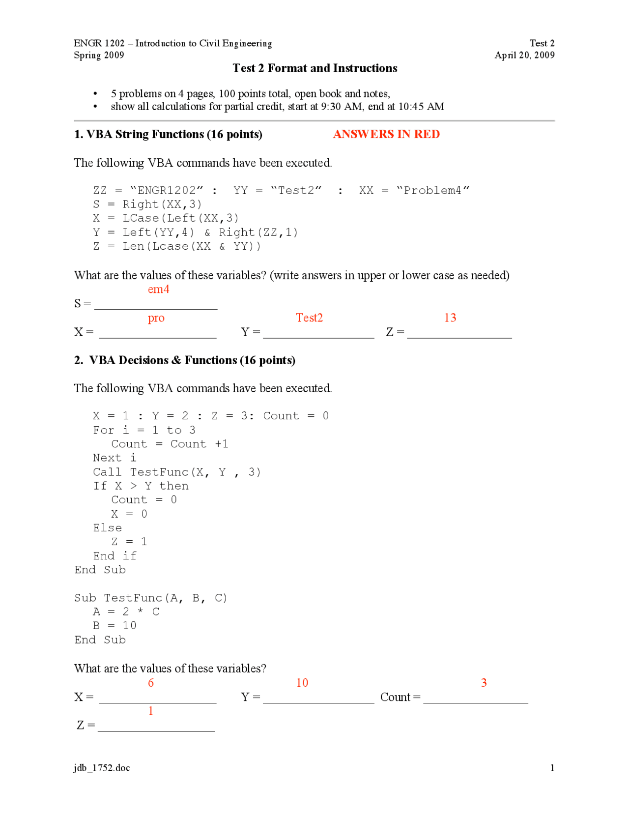 Exam 2 Answers Introduction To Civil Engineering Engr 1202 Docsity