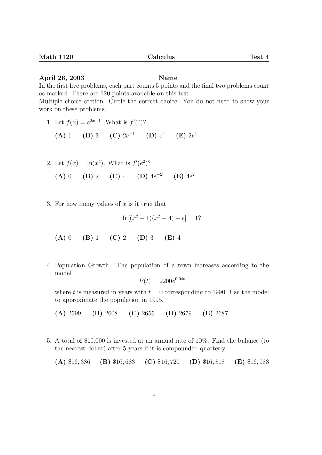 10 Questions for Exam 4 - Calculus | MATH 1120 - Docsity